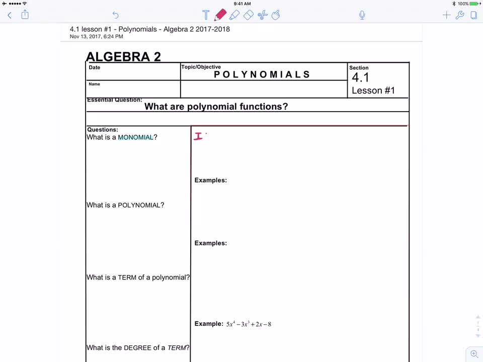 4.1 Day 1 - Polynomials ALGEBRA 2 | El Dorado High School